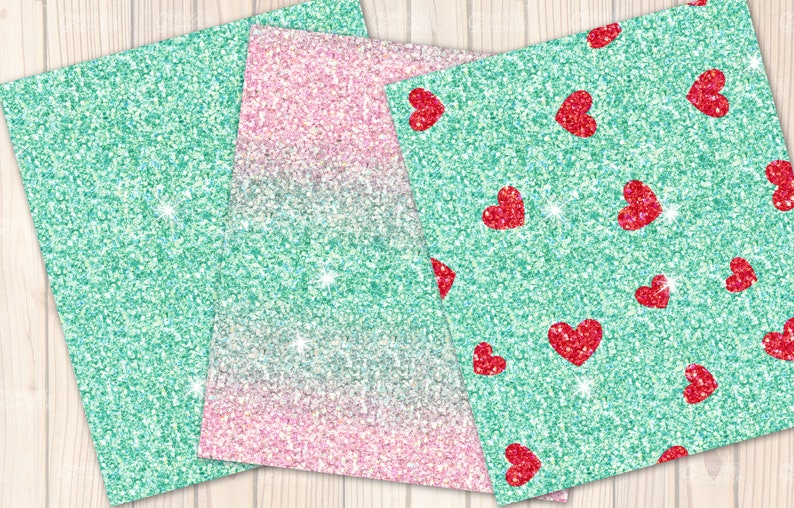 Valentines Day Glitter Digital Papers Pink Red Mint - Etsy