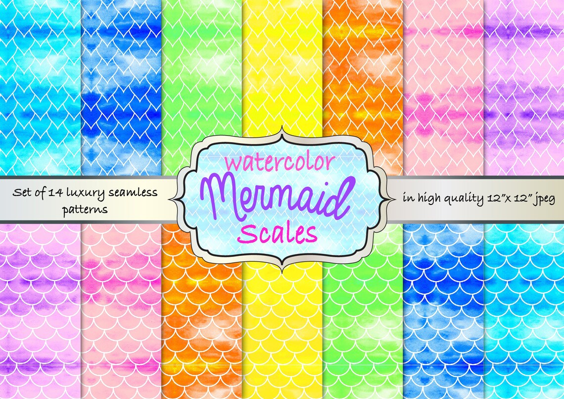 Mermaid Scales Digital Papers, Watercolor Under the Sea Seamless ...