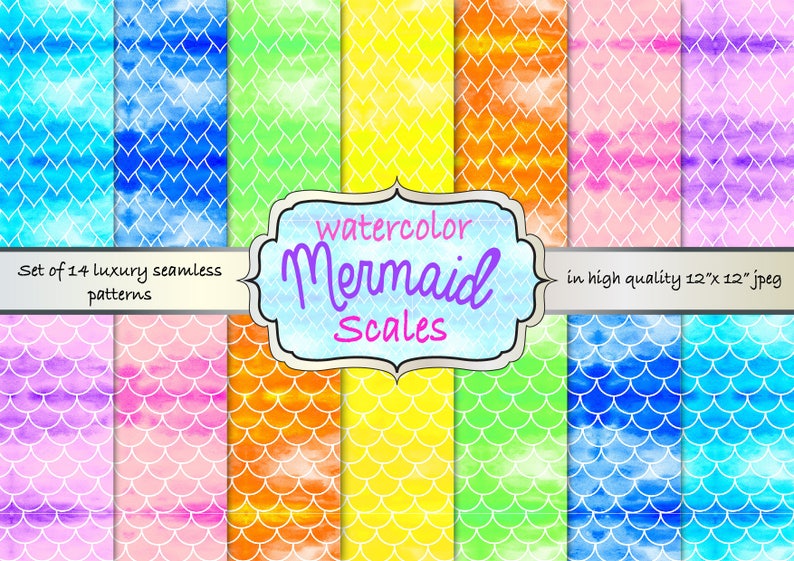 Mermaid Scales Digital Papers, Watercolor Under the Sea Seamless ...