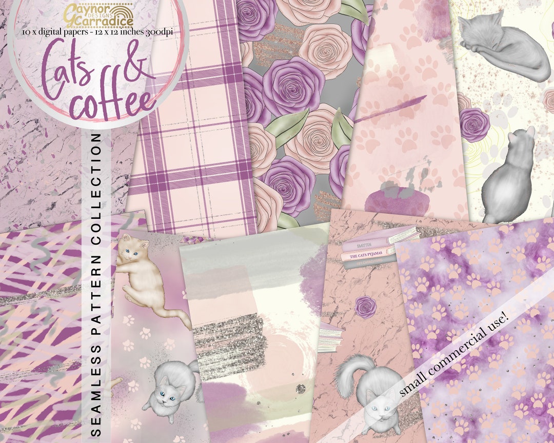 Cute Cats Digital Papers - 10 Watercolor Pastel Seamless Patterns ...