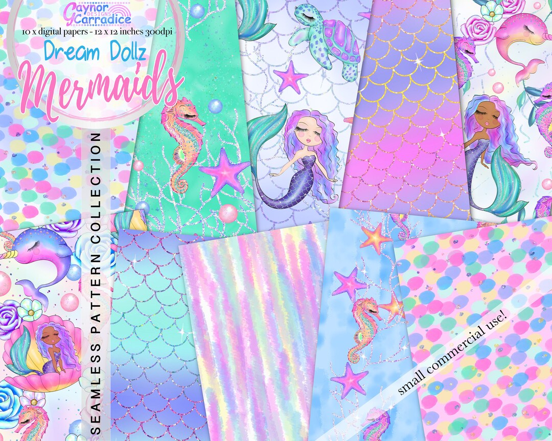 Cute Mermaid Digital Papers Under the Sea Seamless Patterns Party ...