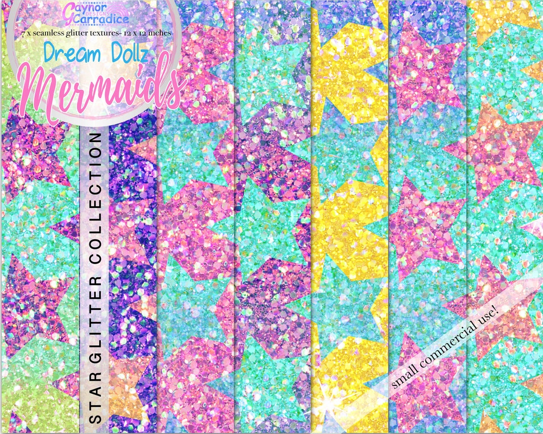 Stars Glitter Digital Papers, Mermaid Ombre Glitter Seamless Patterns ...