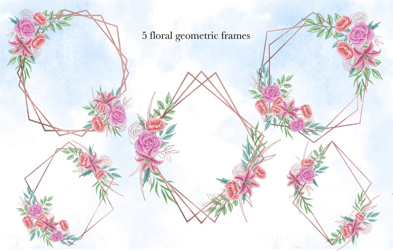 Floral Geometric Frame Clipart - 26 Piece Watercolor Wedding Flowers ...