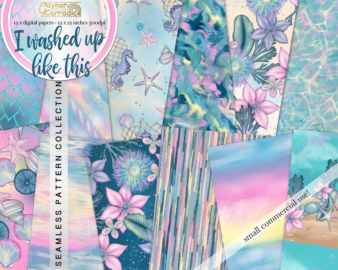 Watercolor Mermaid Digital Papers - 12 Summer Seamless Patterns, Beach ...