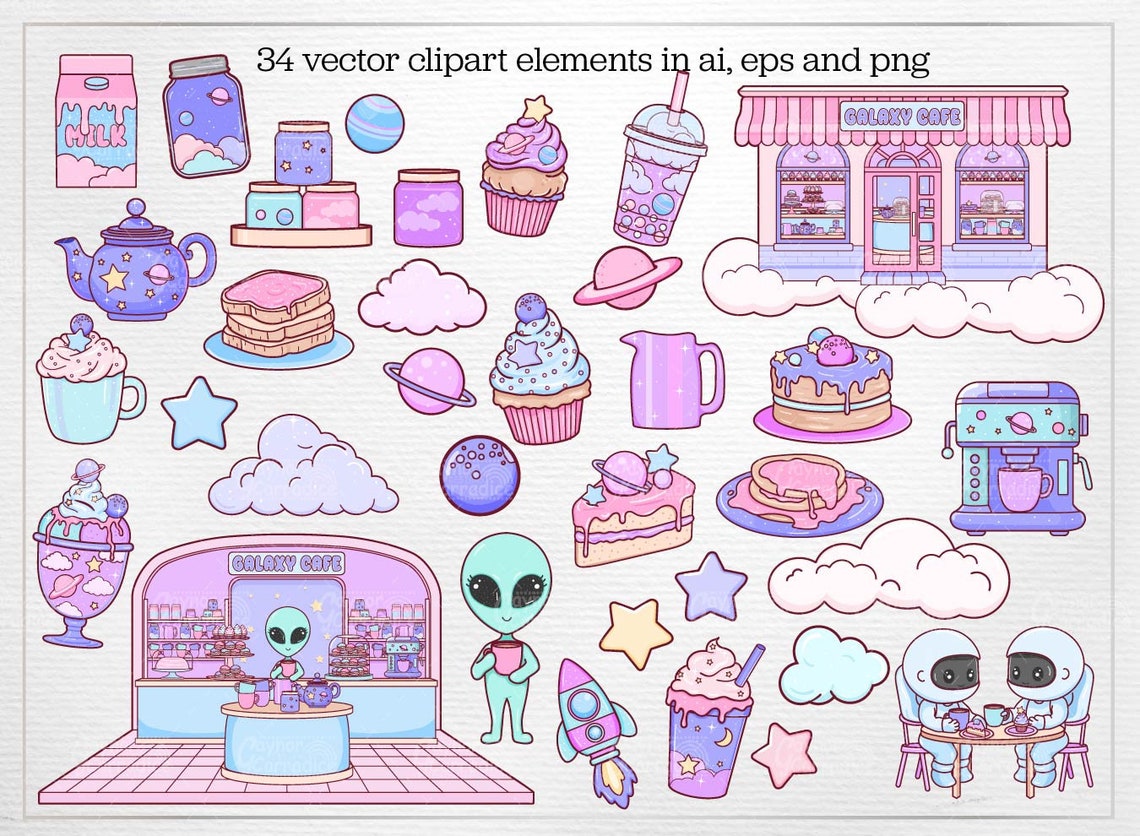 Outer Space Cafe Clipart Bundle - Cute Kawaii Digital Paper / Clipart ...