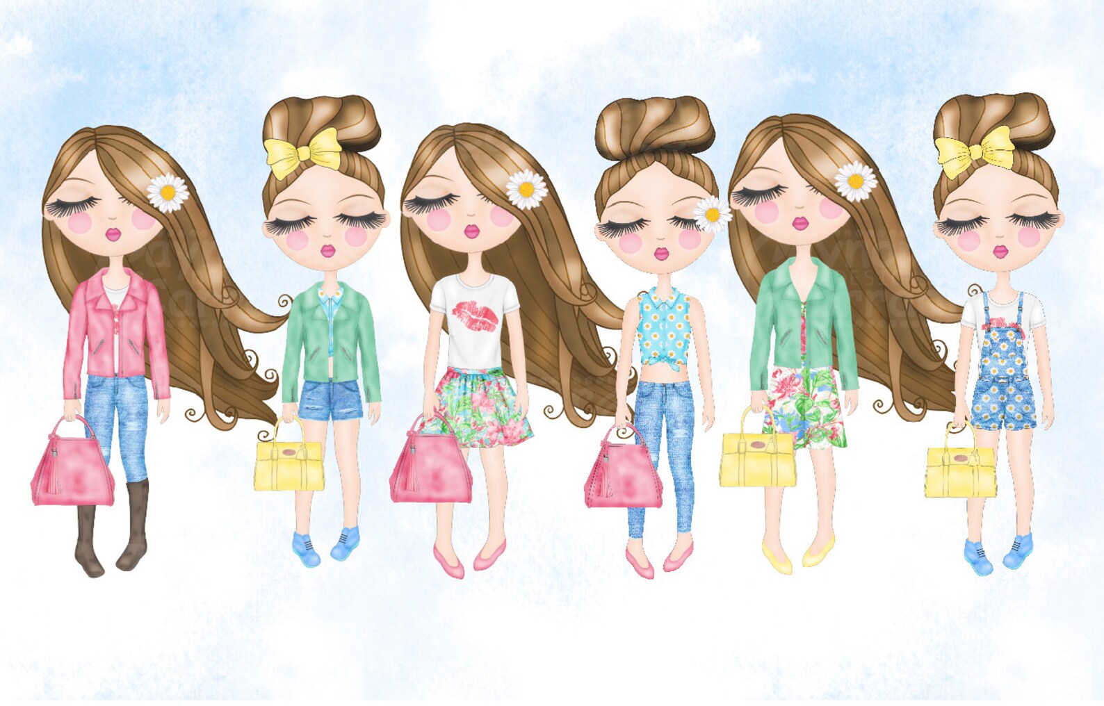 Spring Fashion Clipart Brunette Clip Art Cute Girl Dolls - Etsy