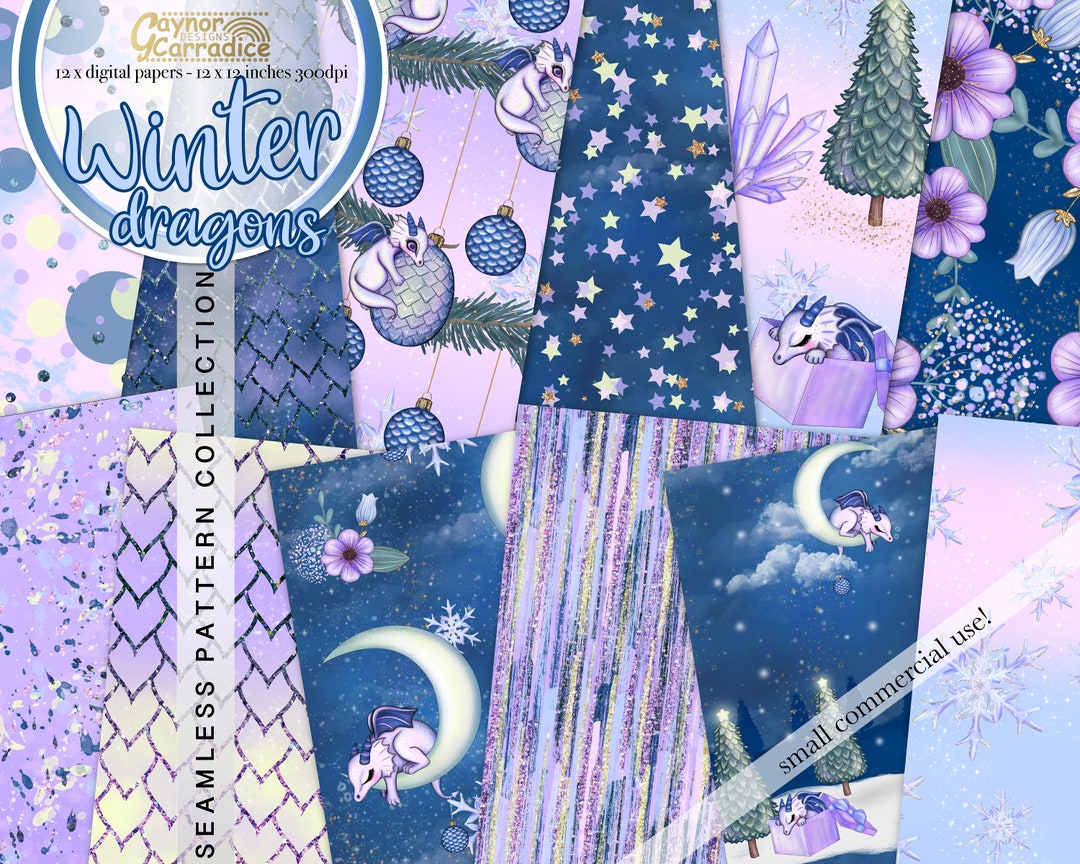 Watercolor Winter Digital Papers - 12 Dragon Seamless Patterns, Purple ...