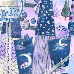 Watercolor Winter Digital Papers - 12 Dragon Seamless Patterns, Purple ...