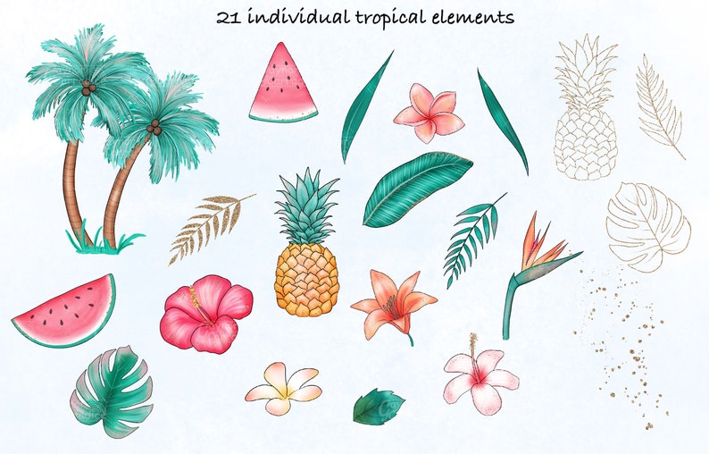 Cute Summer Clipart 36 Tropical Clip Art in Png Watercolor - Etsy