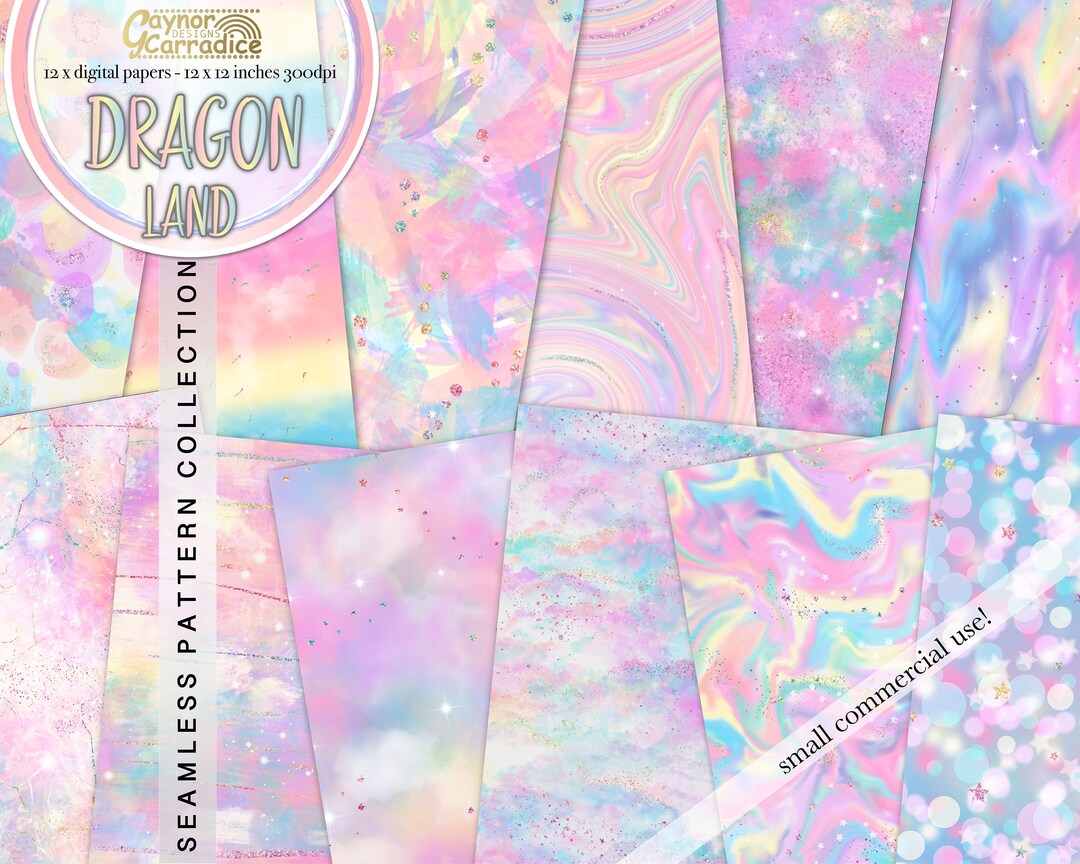 Dragon Land - 12 Watercolor Digital Papers - Pretty Pastel Iridescent ...