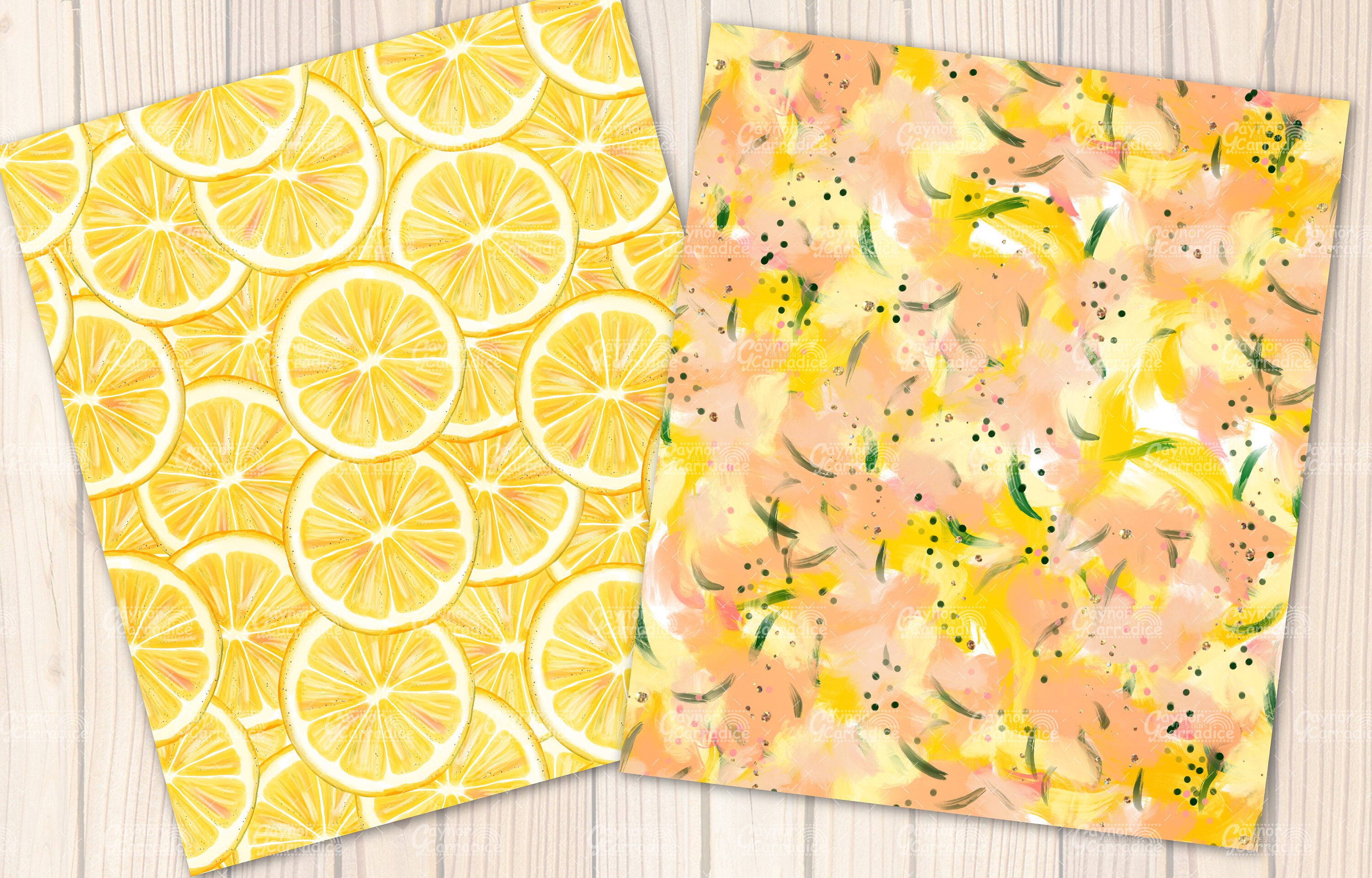 Watercolor Lemon Digital Papers - 12 Summer Seamless Patterns, Yellow ...