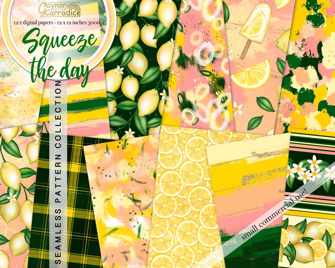 Watercolor Lemon Digital Papers - 12 Summer Seamless Patterns, Yellow ...