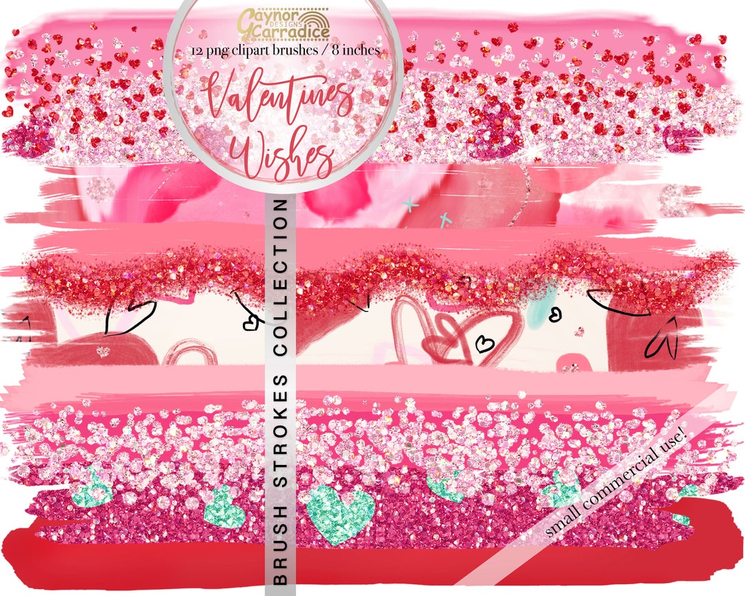 Valentines Day Brush Strokes Clipart - Pink, Red Hearts Paint Brushes ...