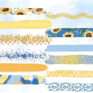 Sunflower Brush Strokes Clipart- Yellow Blue Paint Brushes Clipart ...