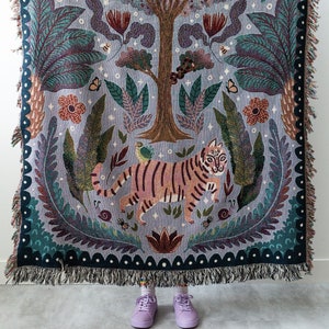 Jungle Tiger Throw Blanket: Woven Cotton Throw, Cute Animals, Colorful ...