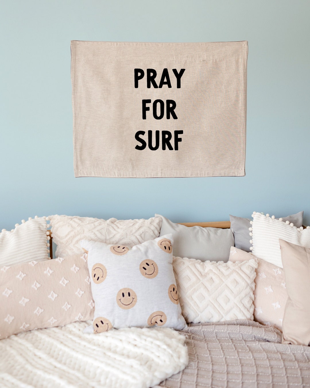 Pray for Surf Tapestry: Beach Woven Wall Hanging, Ocean Boho Nursery or ...