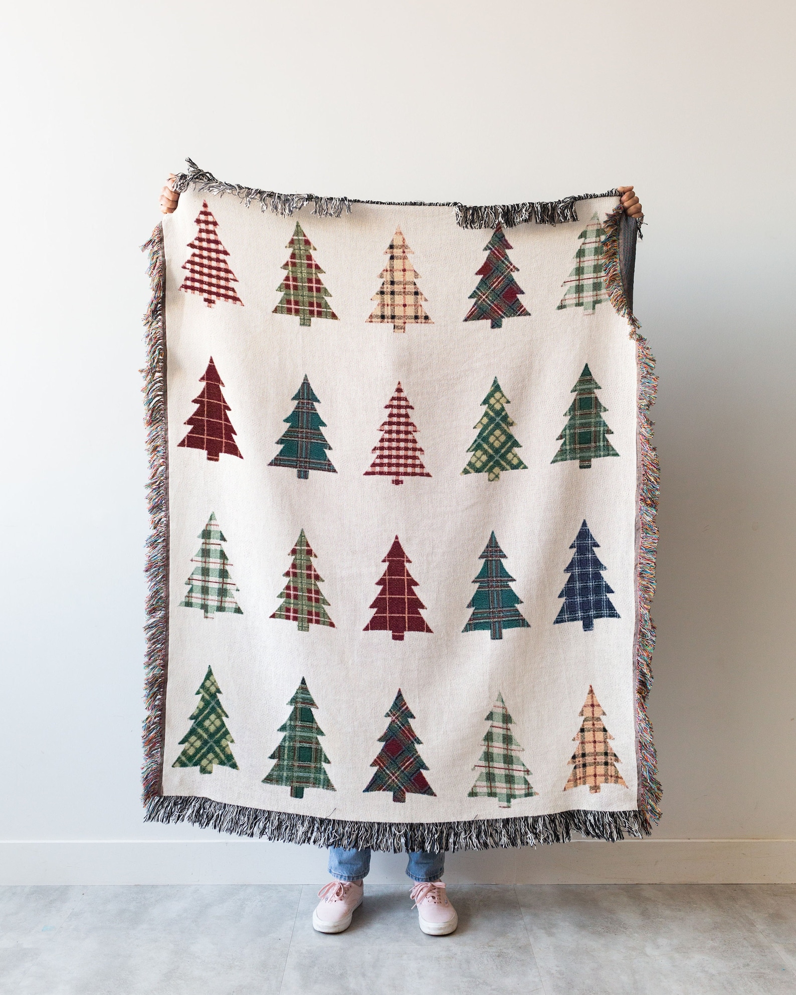Plaid Trees Christmas Blanket: Woven Cotton Throw for Winter Decor ...