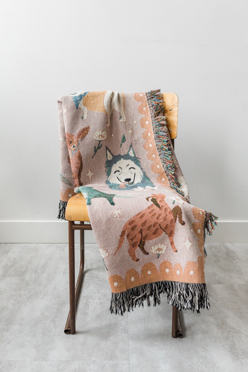 Dog Throw Blanket: Woven Cotton Throw, Pink Animals Blanket, Chocolate ...
