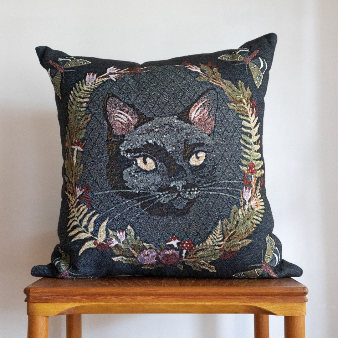Black Cat Woven Pillow: Whimsigoth Moody Decor, Halloween Floral ...