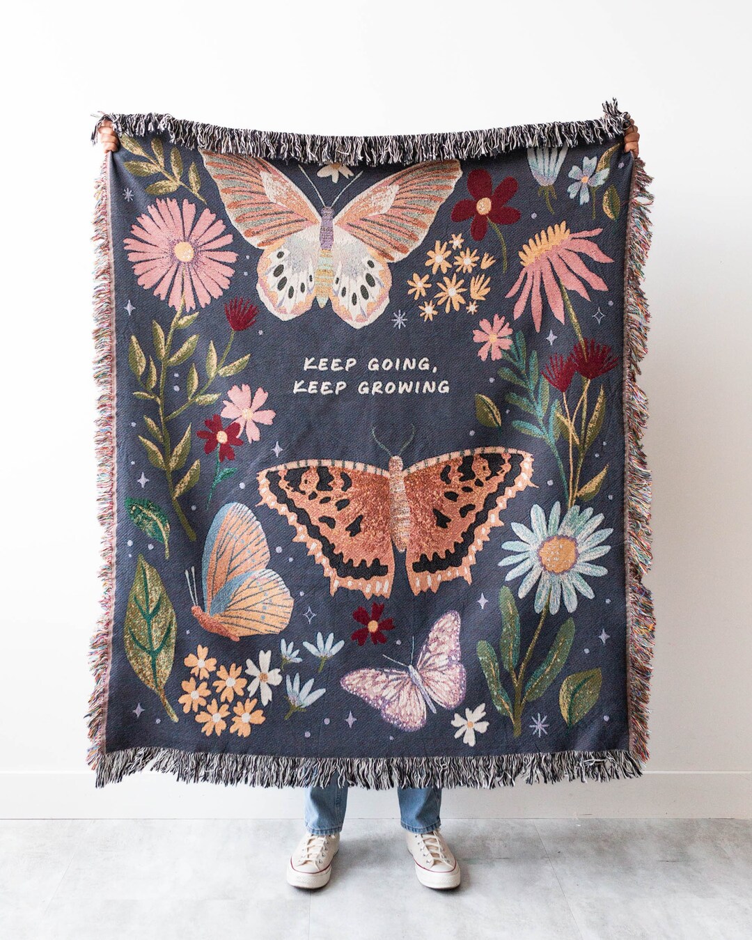 Butterfly Blanket: Navy Blue Floral Woven Throw, Mom Grandparent Baby ...