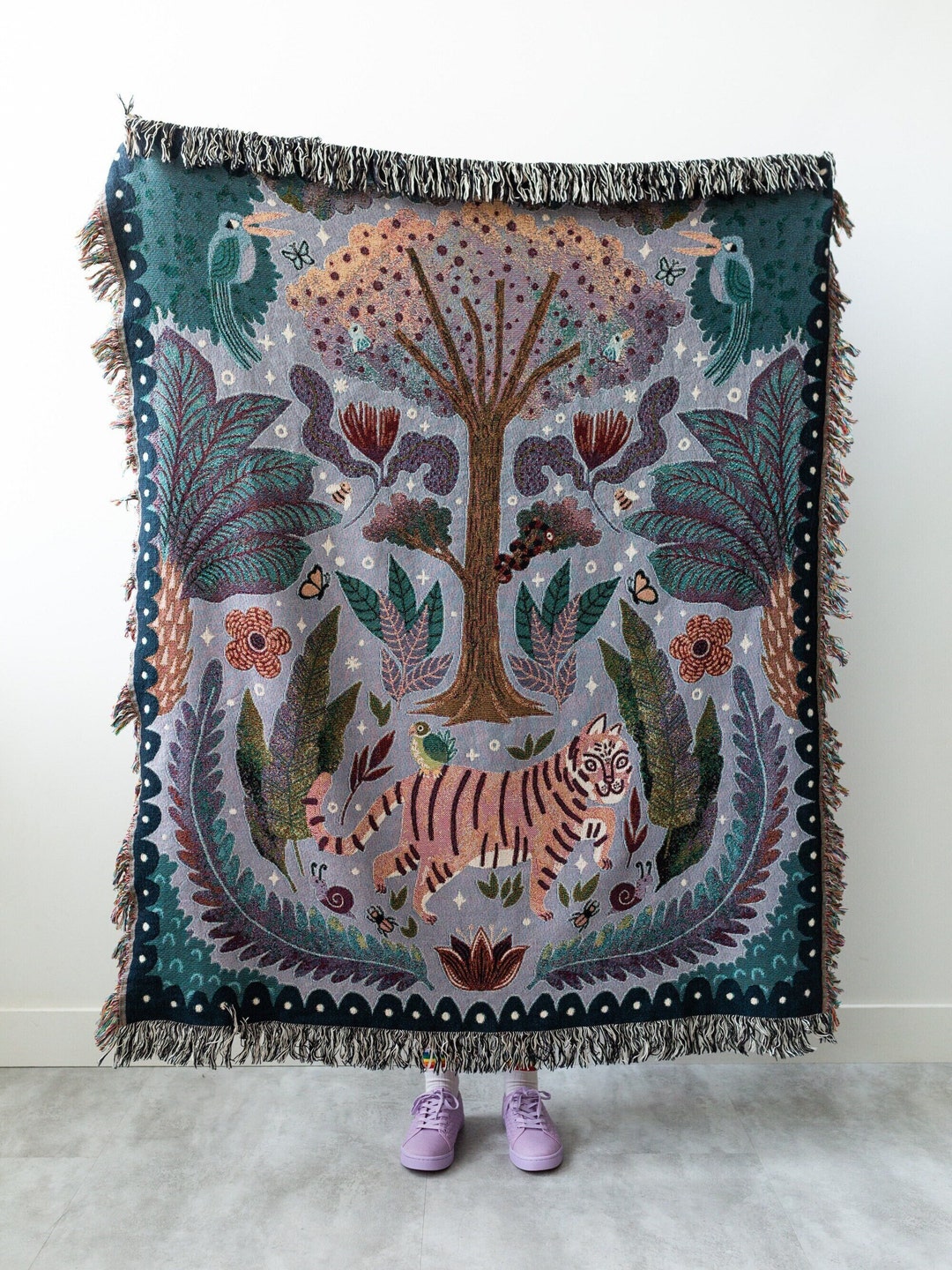 Jungle Tiger Throw Blanket: Woven Cotton Throw, Cute Animals, Colorful ...