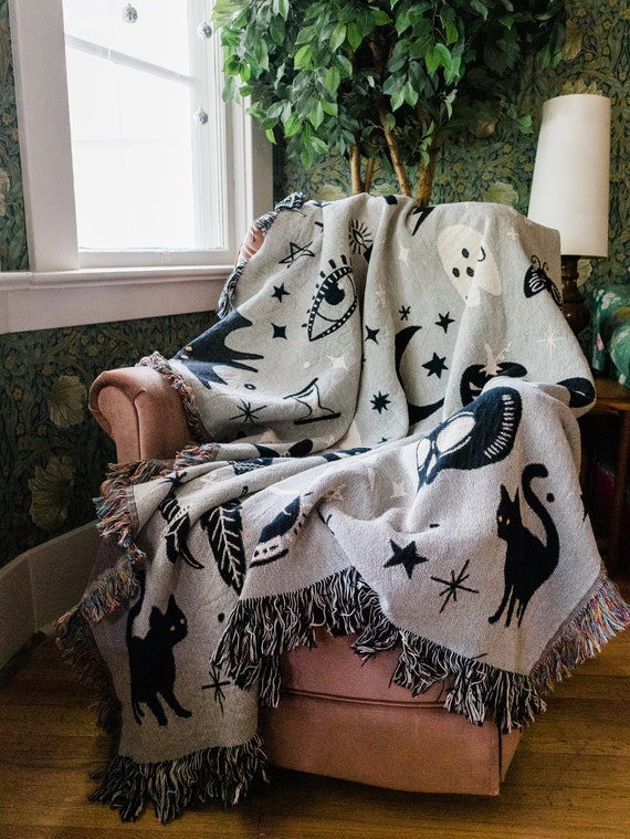 Halloween Woven Blanket Cute Kawaii Ghost Throw Goth Occult Creepy Decor Spooky Creepy Witchy Whimsical Unique Etsy Polska