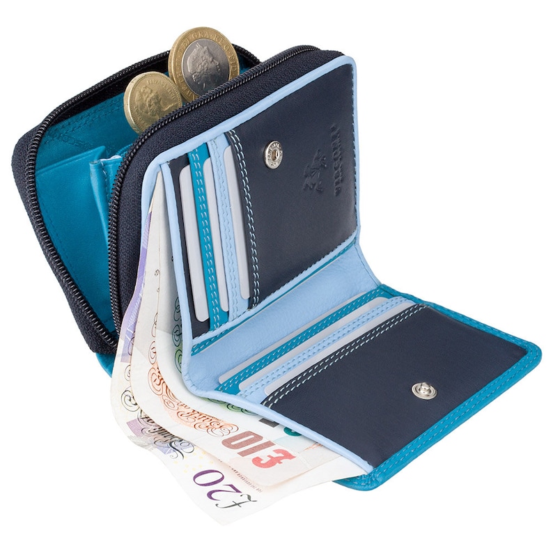 Small Leather RFID Purse Wallet - Rainbow Collection - Blue - Large ...