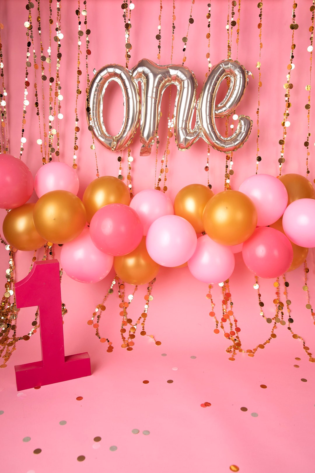 Pink First Birthday Digital Background/backdrop With Balloon Garland in ...