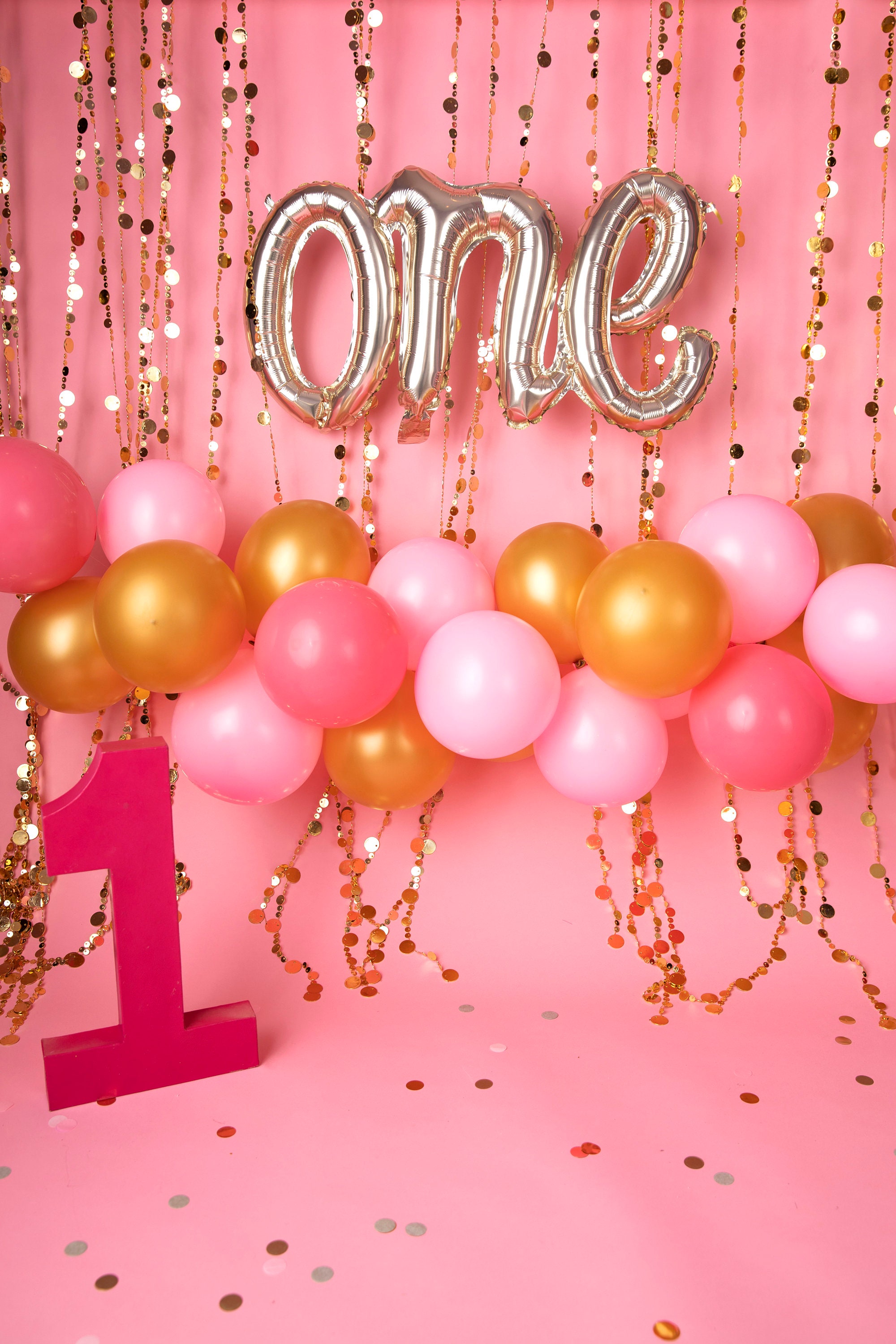 Pink First Birthday Digital Background/backdrop With Balloon Garland in ...