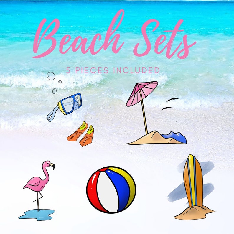 Beach Set Clipart With Goggles, Umbrella, Flamingo, Beachball, and ...