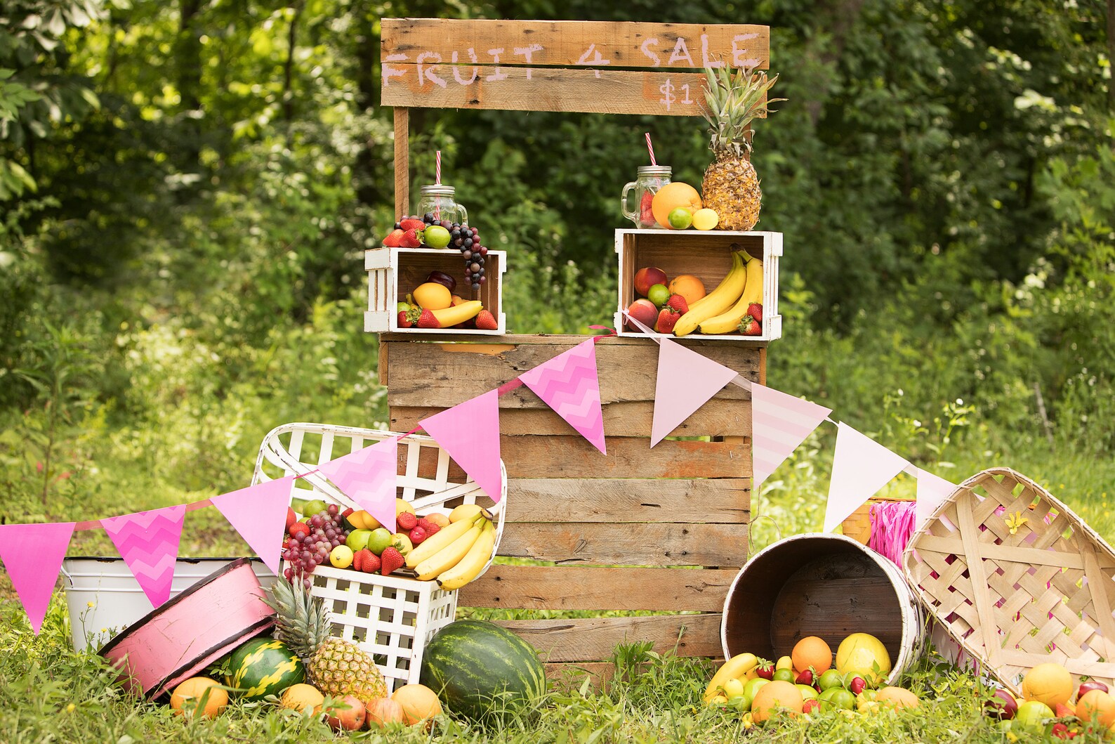 Set of 2 Outdoor Fruit Stand With Fruit, Crates, Bright Colors and Sign ...