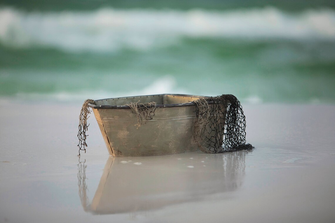 Set of 2 Metal Boat With Net on Ocean With Waves and Beach Digital ...