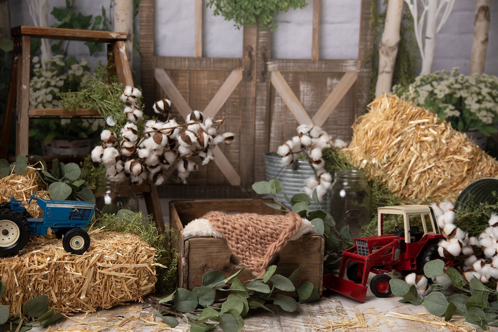 Farmhouse With Hay Tractors, Cotton Digital Background/digital Backdrop ...