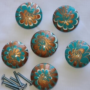 Cabinet Door Knobs Hand Painted Flowers Copper Turquoise White Wooden Resin Kitchen Bathroom ...