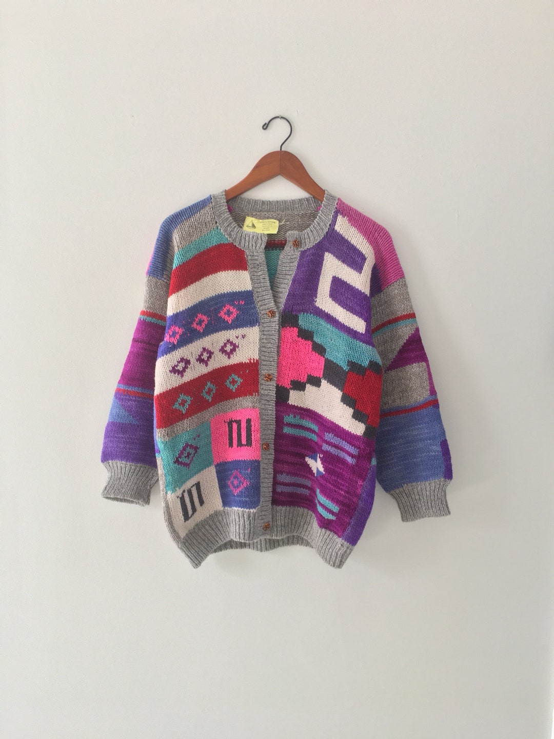 Vintage Handmade Ecuadorian Wool Sweater // Pink, Grey Geometric Color ...