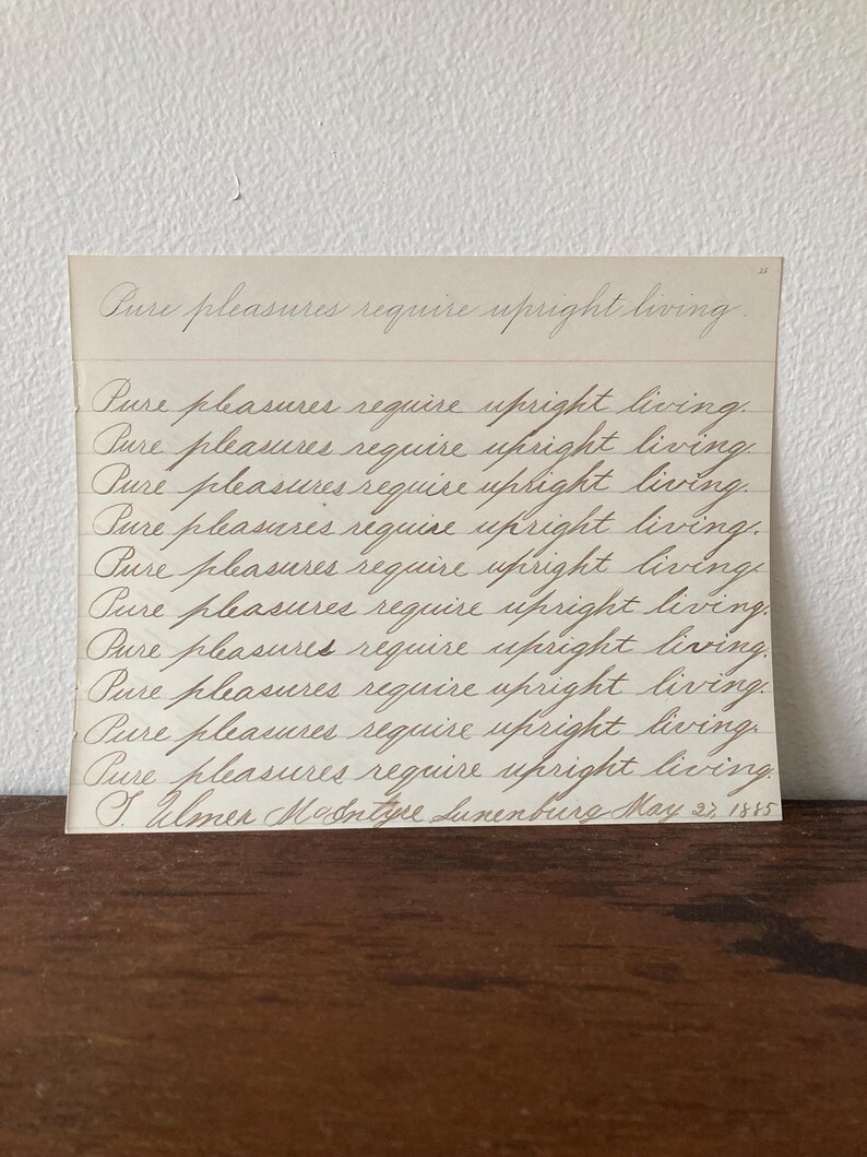 Antique 1885 Handwriting Practice Card // “pure Pleasures Require ...