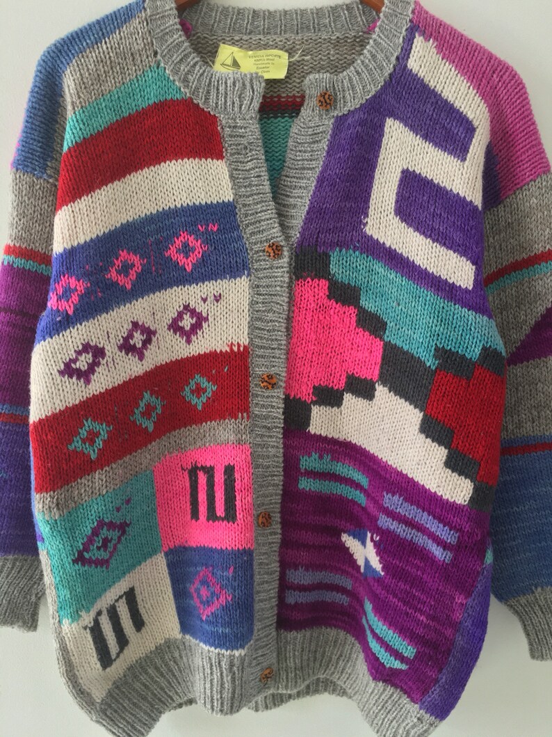 Vintage Handmade Ecuadorian Wool Sweater // Pink, Grey Geometric Color ...