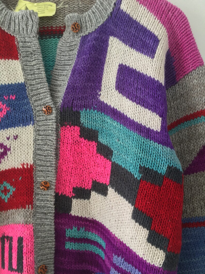 Vintage Handmade Ecuadorian Wool Sweater // Pink, Grey Geometric Color ...