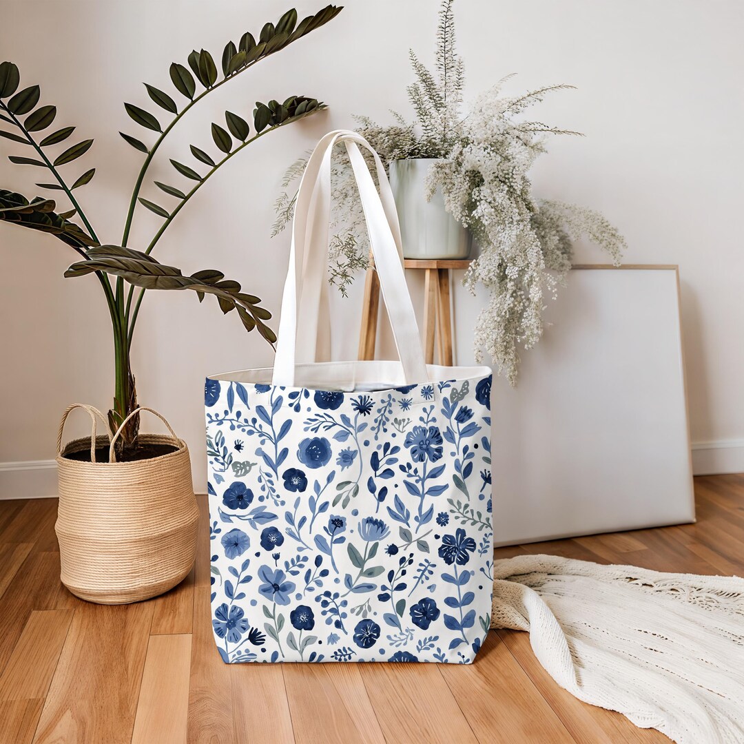 Blue Floral Style Tote Bag, Scandinavian Tote Bag, Cute Carryall Bag ...
