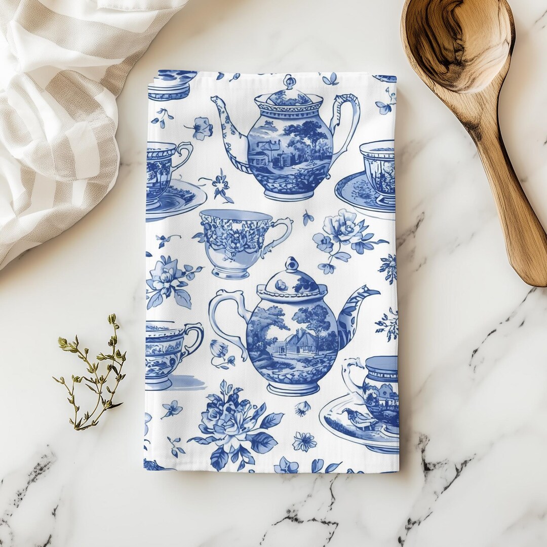 Blue Toile Tea Towel, English Tea Set Decor, English Toile Decor ...