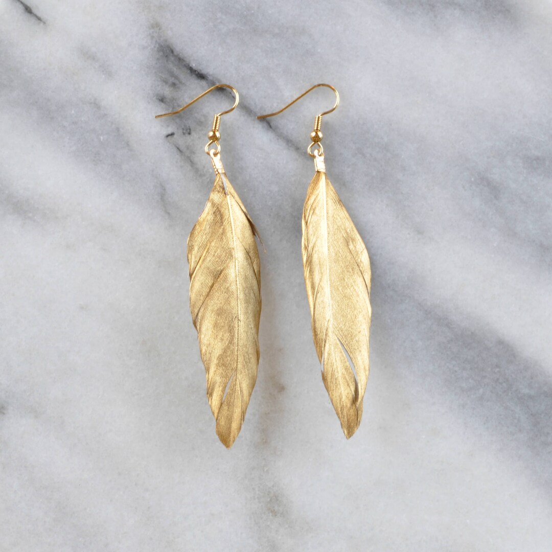 Gold Feather Earrings, Gold Dipped Feather Tassel Earrings, Boho ...