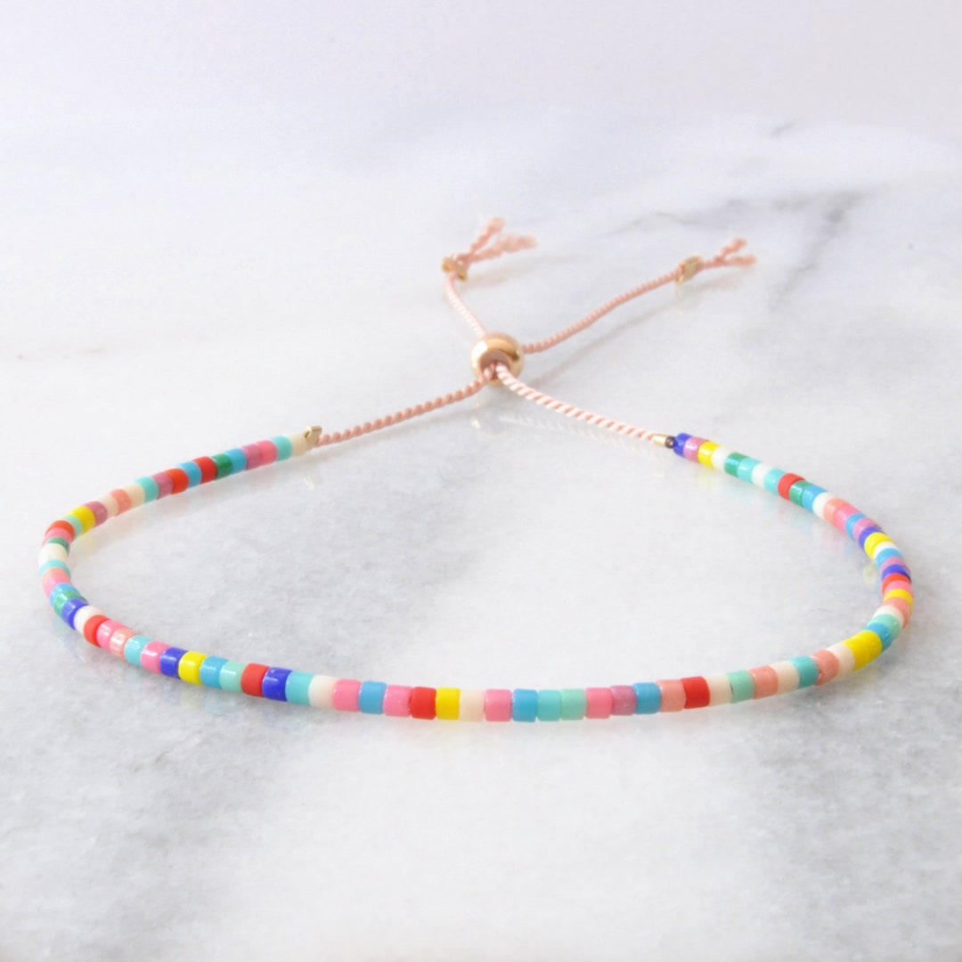 Rainbow String Bracelet, Multicolored Seed Bead Bracelet, Adjustable ...