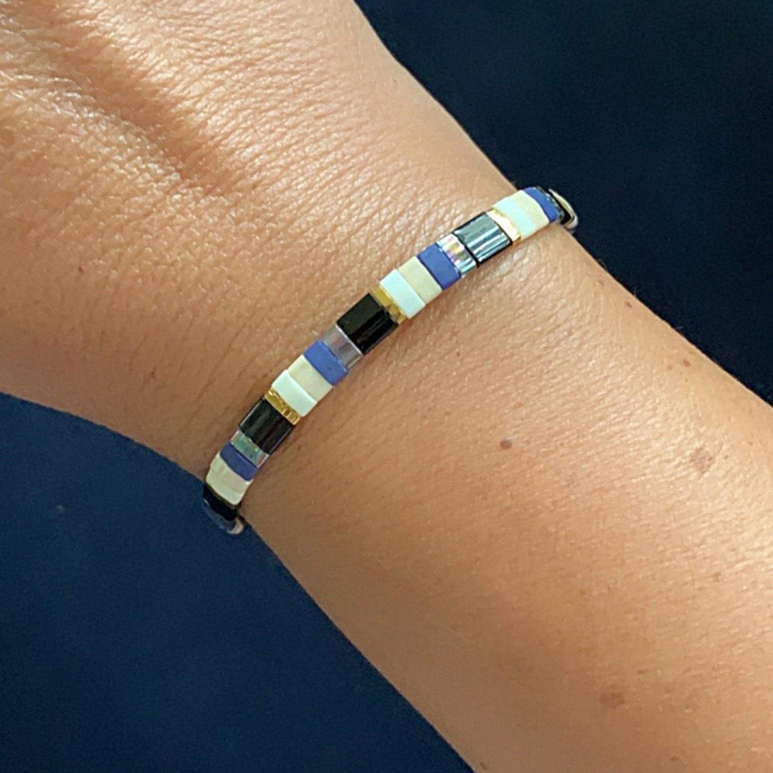 Black Stretch Tile Bracelet Glass Tile Bangle Tila Bracelet - Etsy