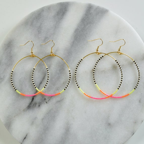 Neon Beaded Hoop Earrings Big Hoops Bohemian Earrings Gifts | Etsy