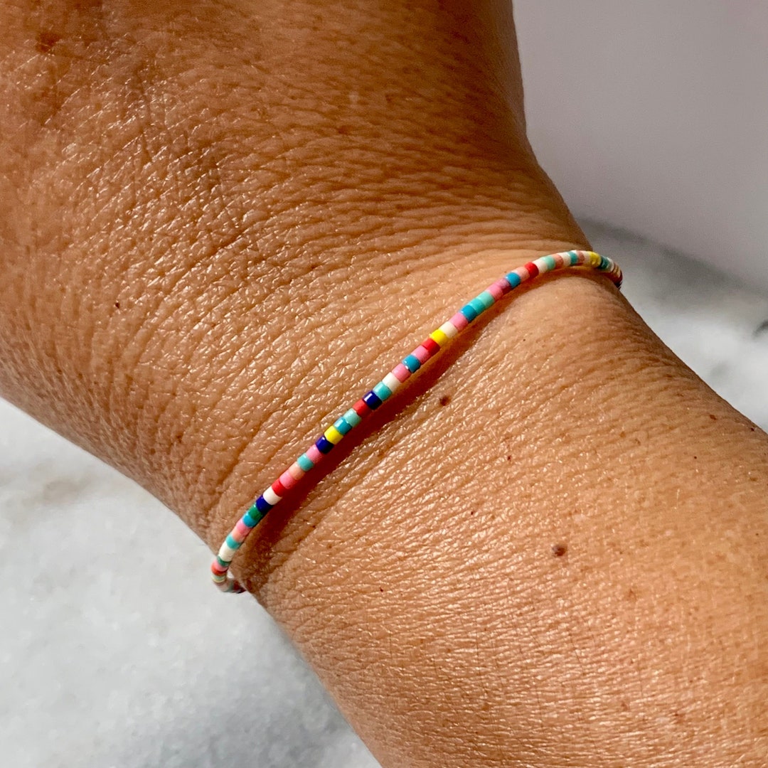 Rainbow String Bracelet, Multicolored Seed Bead Bracelet, Adjustable ...