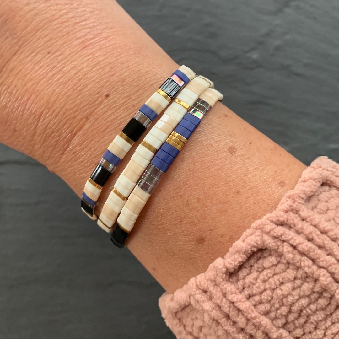 Navy and Black Stretch Tile Bracelet, Glass Tile Bangle, Tila Bracelet ...