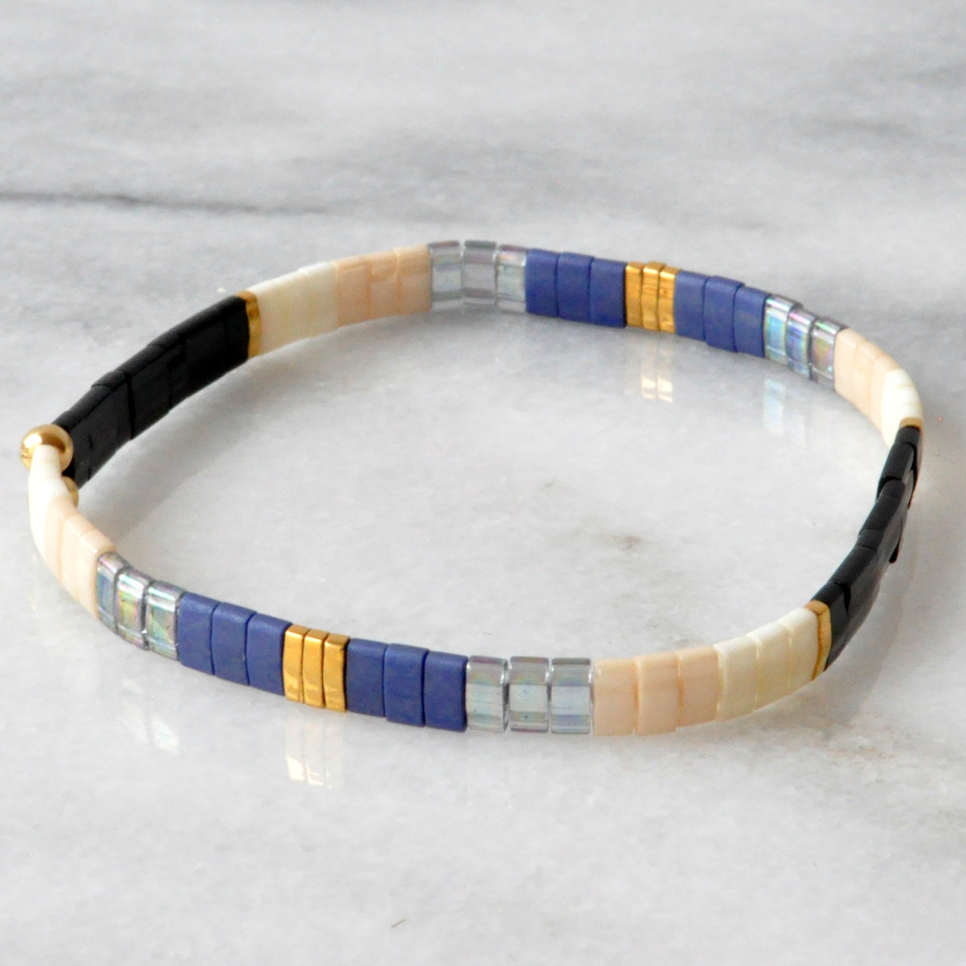 Navy and Black Stretch Tile Bracelet, Glass Tile Bangle, Tila Bracelet ...