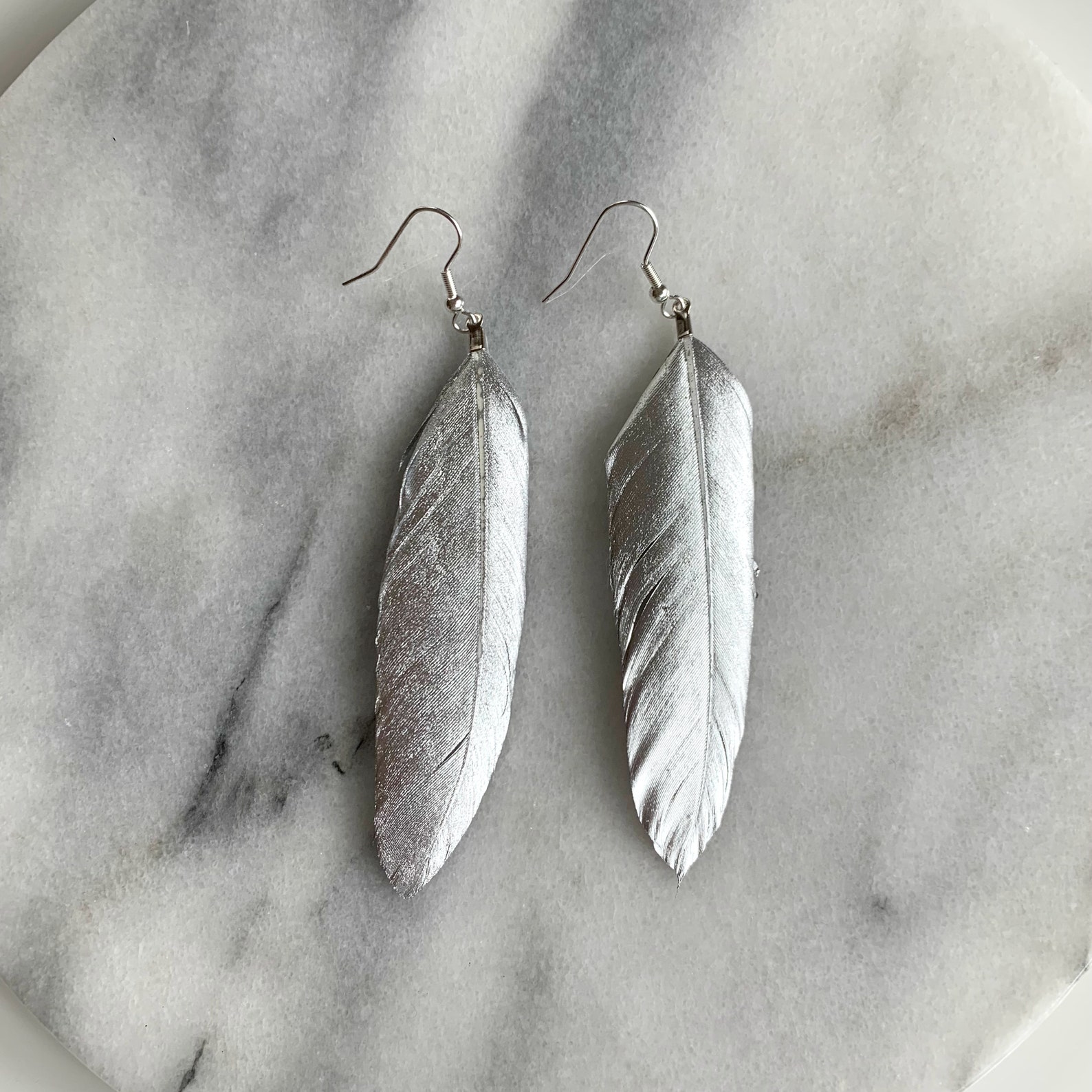 Silver Feather Earrings Silver Painted Feather Tassel | Etsy