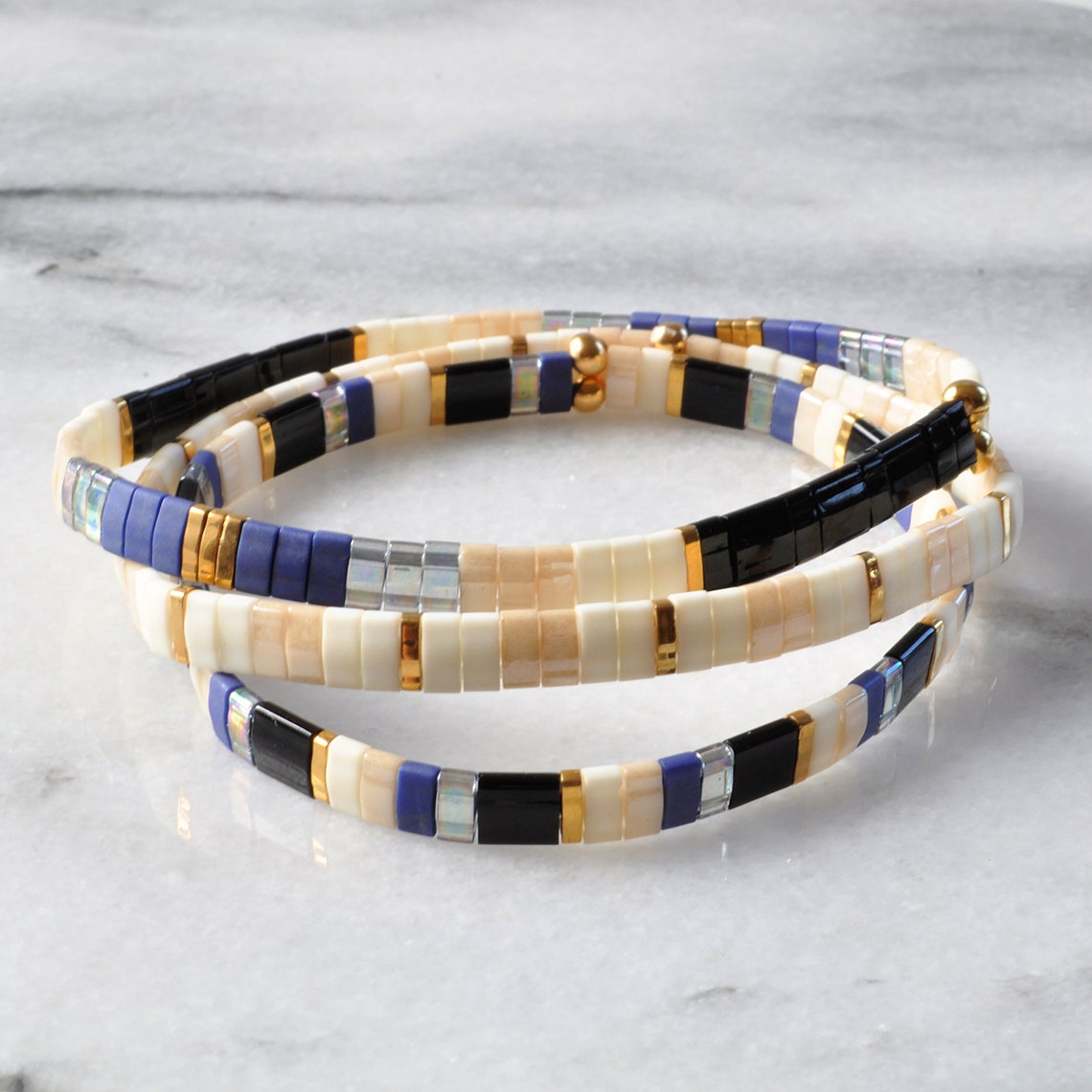 Black Stretch Tile Bracelet, Glass Tile Bangle, Tila Bracelet, Beaded ...