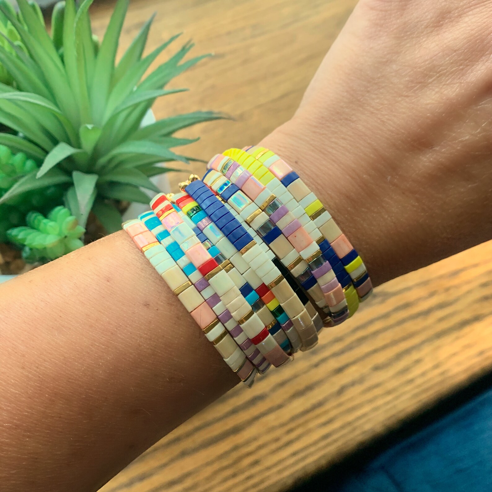 Navy and Black Stretch Tile Bracelet, Glass Tile Bangle, Tila Bracelet ...